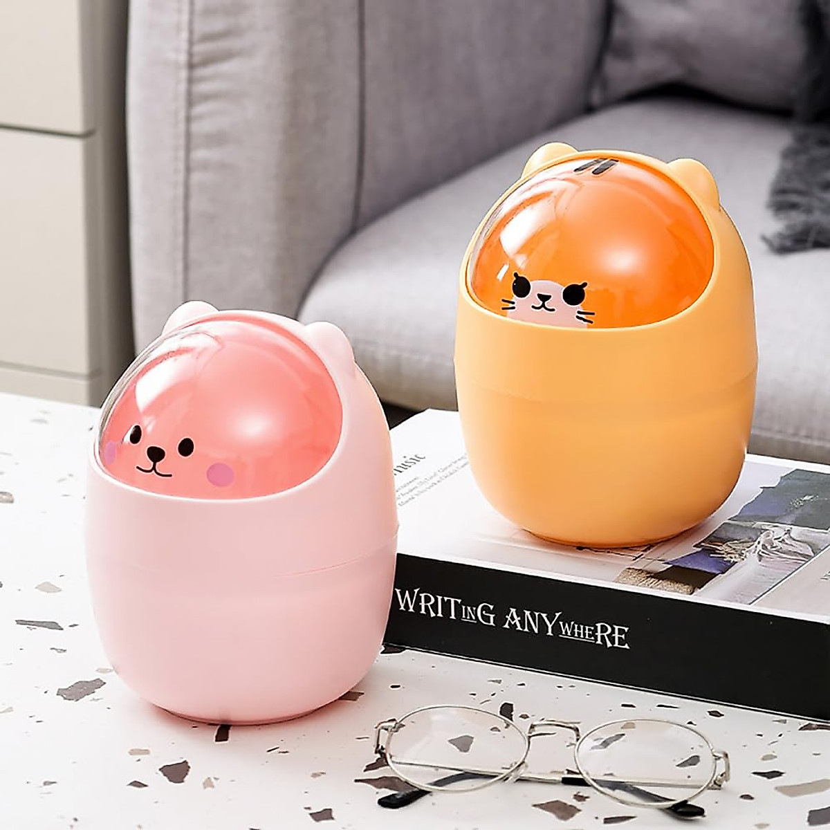 Alunsito Plastic Mini Wastebasket Trash Can, Tiny Desktop Waste Garbage Bin with Lid for Home, Office, Kitchen, Cute Trash Can with Lid, Desk Small Trash Can, Desktop Trash Can, Pink