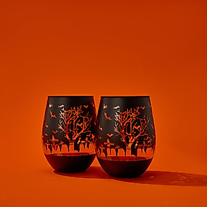 The Wine Savant Crystal Stemless Spooky Wine Glasses - Set of 2 - Themed Vibrant Black & Gold Spooky Ghost Pattern Frosted Glass, Themed Gothic Parties, Graveyard Black Gifts (16 OZ)