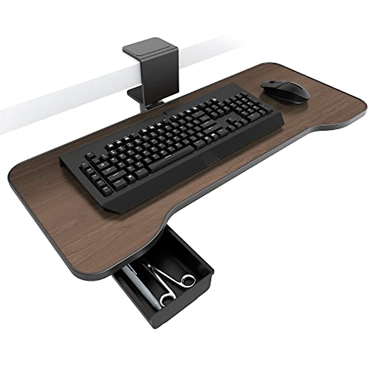 Keyboard Tray Under Desk,360 Rotating Keyboard&Mouse Tray with Drawer,Yikola Desk Extender Adjustable C-Clamp, Ergonomic Platform Tray Under Table,No Drilling Install 23.54'' x 9.8''in-Walnut Pattern