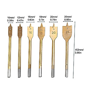 Spade Drill Bit Set, 6 Pieces Paddle Flat Bits for Woodworking, Carbon Steel with Titanium Coating, Quick Change Shank, Hole Cutter, 10mm 12mm 16mm 18mm 20mm 25mm