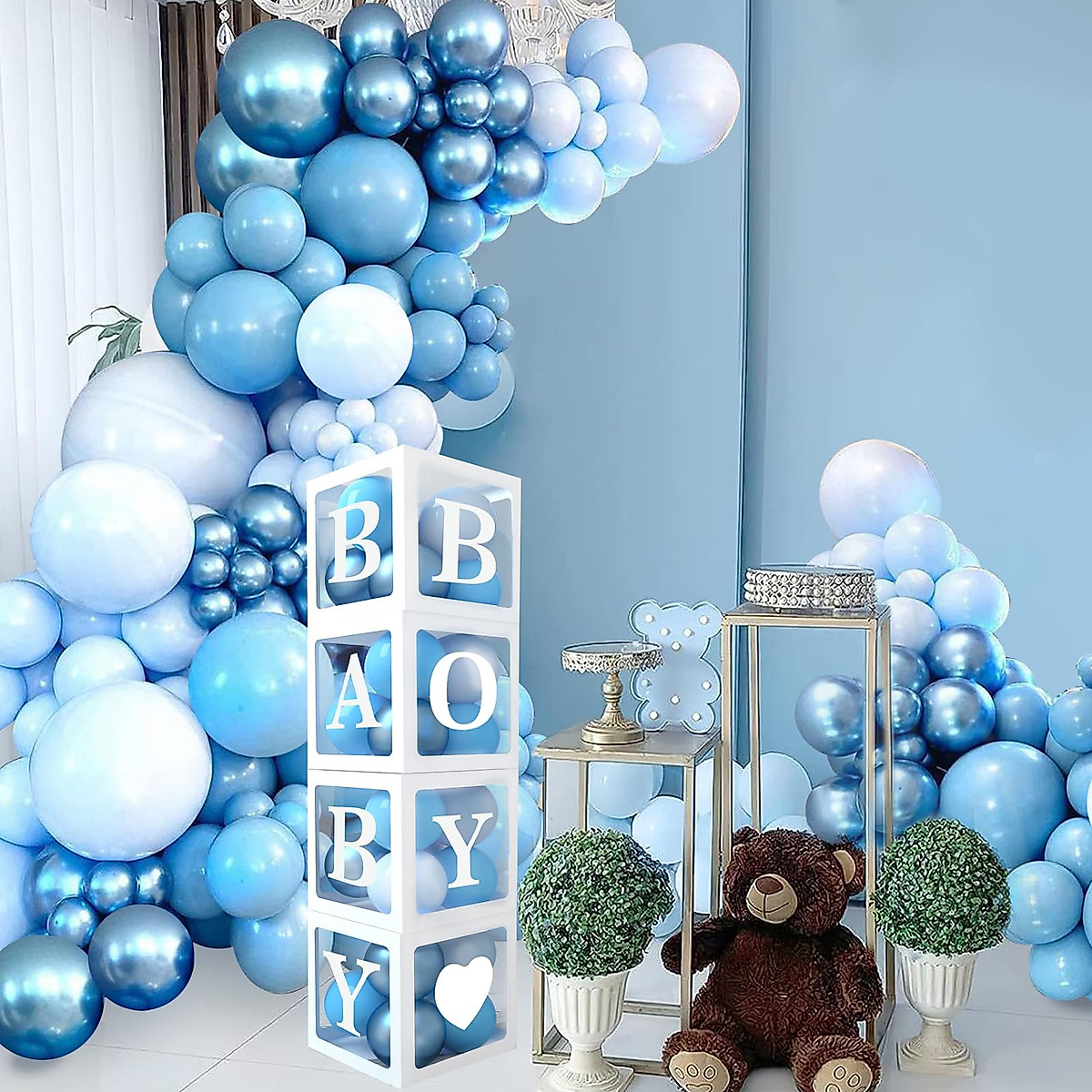 DataMoon Baby Shower Decorations for Boy - Navy Blue Baby Blue Different Sizes Light Blue Balloon Arch Kit,4pcs Boxes with Letters for Baby Boy Shower,Happy Birthday Decorations,Gender Reveal Party