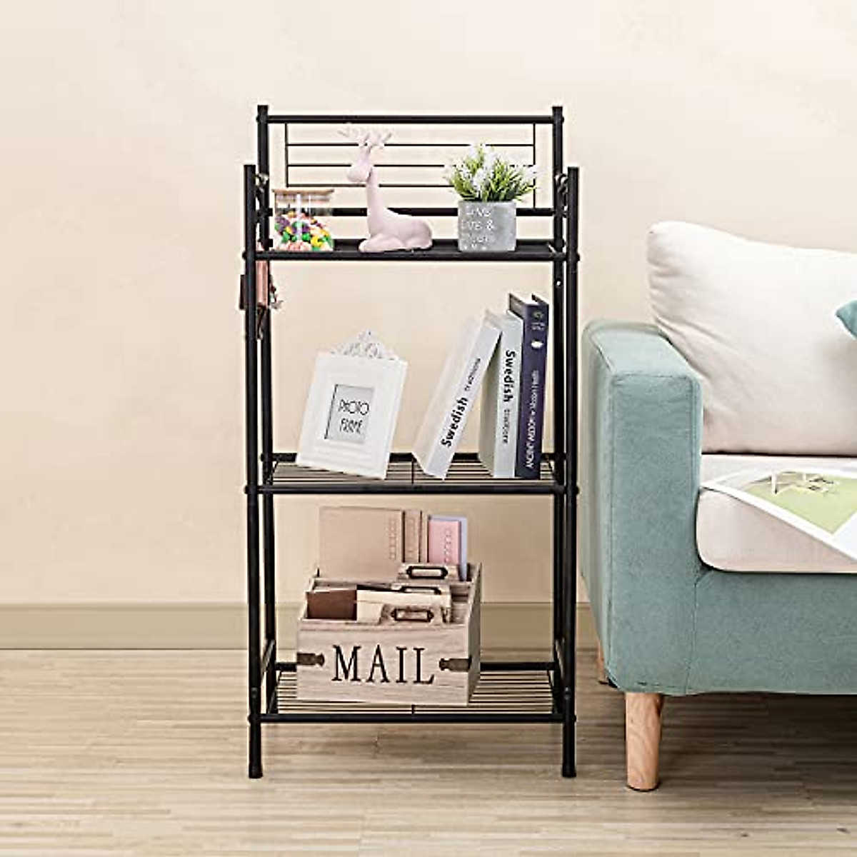 L&H UNICO 3-Shelf Tier Standing Unit Storage Wire Shelving Multipurpose Rack Organizer with 4-Hooks for Bathroom Laundry Kitchen Office, Black