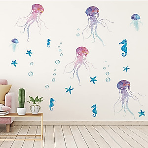 Nuanchu 28 Pcs Under The Sea Wall Decals Glow in The Dark Sea Turtle Ocean Grass Seaweed Jellyfish Peel Stick Underwater Wall Decoration for Kids Bedroom Bathroom Toilet (Vivid Style)