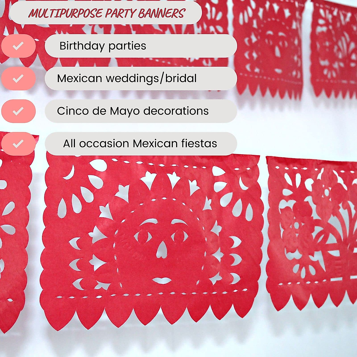 Red Papel Picado Flags, Fiesta Party Decoration, Mexican Paper Banner, Garland, Bunting, Streamers for Birthday Parties, Baby Showers, quinceaneras, Bridal Shower, Engagement Weddings 5 pk | 60ft