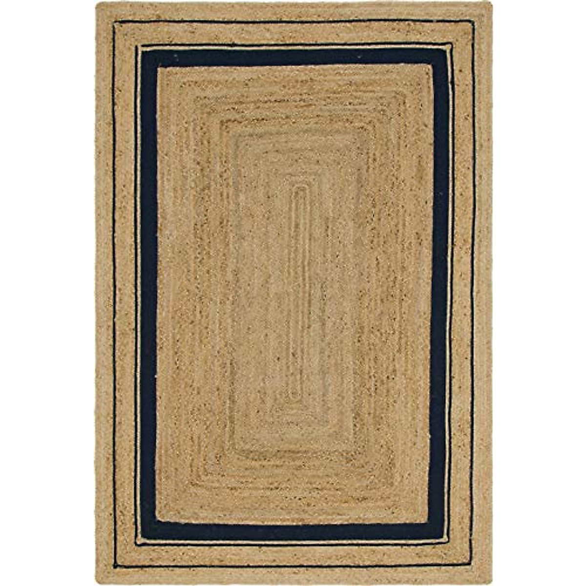 Unique Loom Braided Jute Collection Classic Quality Made Hand Woven with Coastal Design Area Rug, 6 ft x 9 ft, Natural/Navy Blue