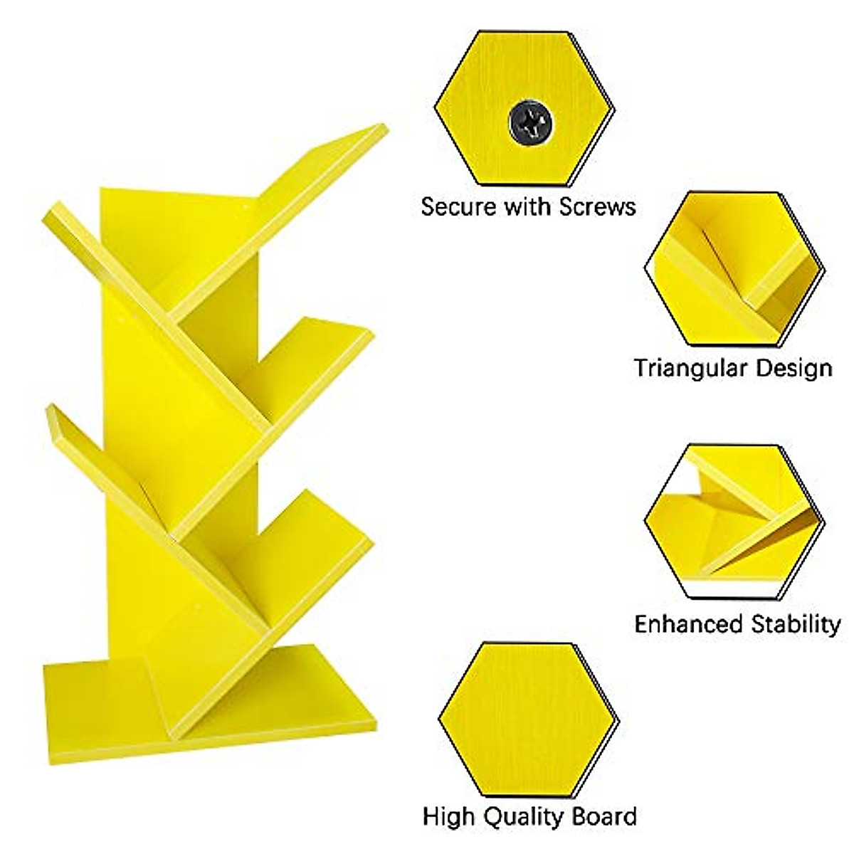 QUMENEY Tree Bookshelf, 5 Shelf Display Bookcase,Tree Bookcase for Books/CDs/Albums/Files Holder, Free Standing Book Shelves Organizer for Office，Bedroom, Living Room (Yellow)