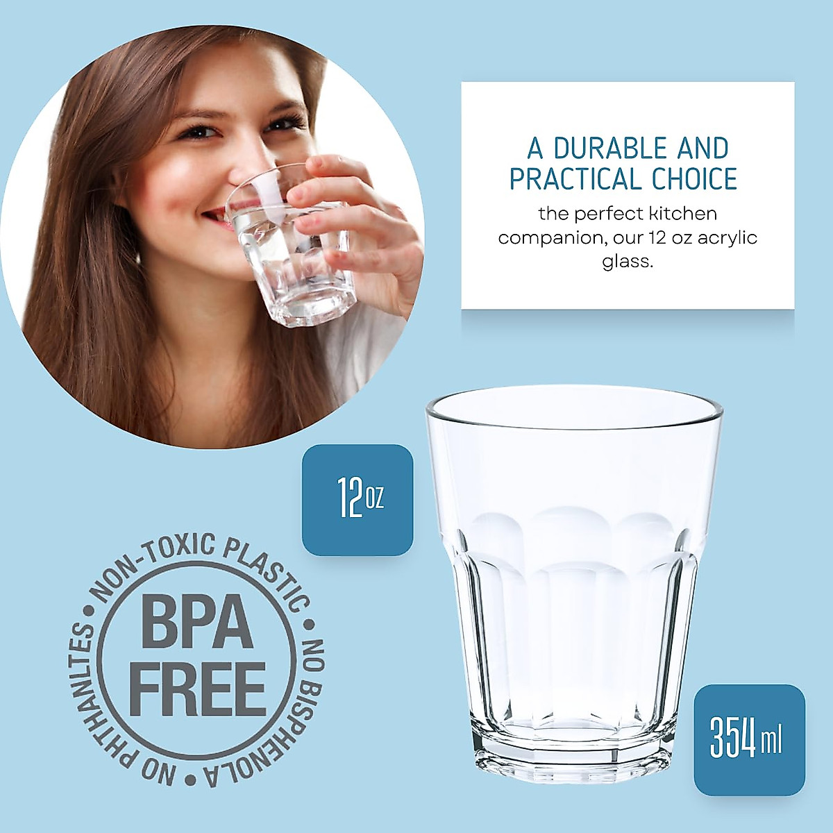 12 Oz Drinking Glasses Tritan Acrylic Cups Set By Decor Works - Glassware Plastic Tumblers - Water Glasses Acrylic Glasses - BPA Free & Durable - Dishwasher Safe Drinking Glasses Set Of 6