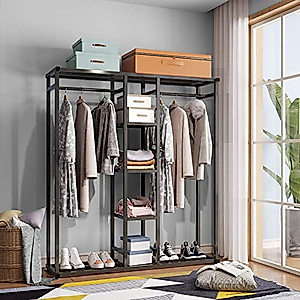 UDEAR Metal Garment Rack,Freestanding,Open Wardrobe Closet Storage Organizer,Large Armoire with 6 Shelves,2 Clothes Hanging Rack Stand for Clothes,Shoes, Bags,in Entryway,Room,Black