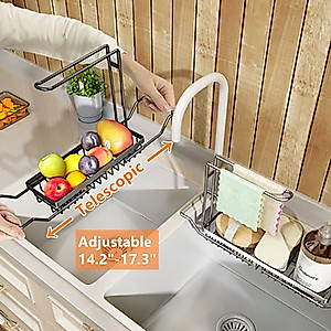 Lexza Telescopic Kitchen Sink Rack Holder,Sponge Holder with Dishcloth Drying Rack,Home Kitchen Multifunction Telescopic Sink Organizer Basket,Stainless Steel Sponge Holder for Kitchen Sink (Black)