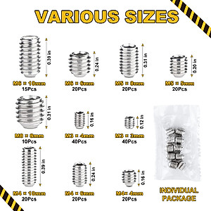 TOTFSTNR 230Pcs 304 Stainless Steel Socket Set Screws Assortment Kit, M3 M4 M5 M6 M8 Grub Screws with Hexagon Socket, Hex Allen Head Screw Set Kit for Door Handles, Light Fixture (Metric)