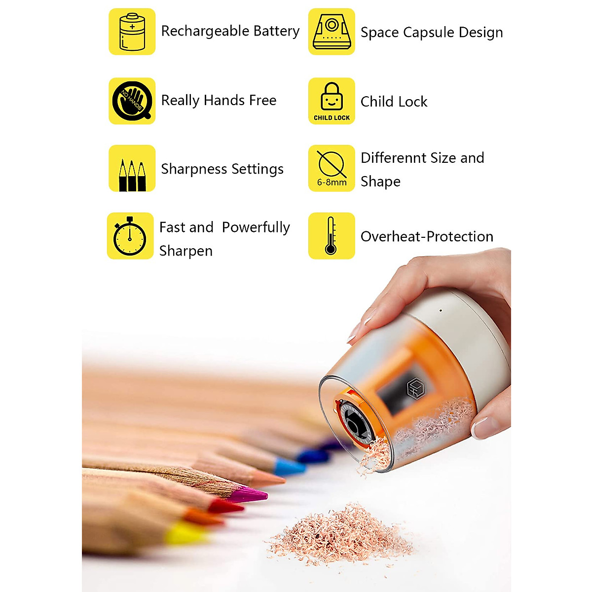 Skynow Rechargeable Pencil Sharpener,Fully Automatic Electric Sharpener for Kids,Teachers,Students,Engineers;Fast Sharpening Dont Need Holding Pencils,Ideal for Short Pencil Save Pencils.