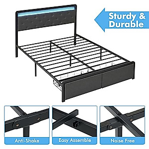 Queen Size Bed Frame with 2 Storage Drawers, Button Tufted Headboard and LED Lights, Upholstered Platform Bed with Storage, Heavy Duty Metal Slats, No Box Spring Needed, Noise Free, Easy Assembly