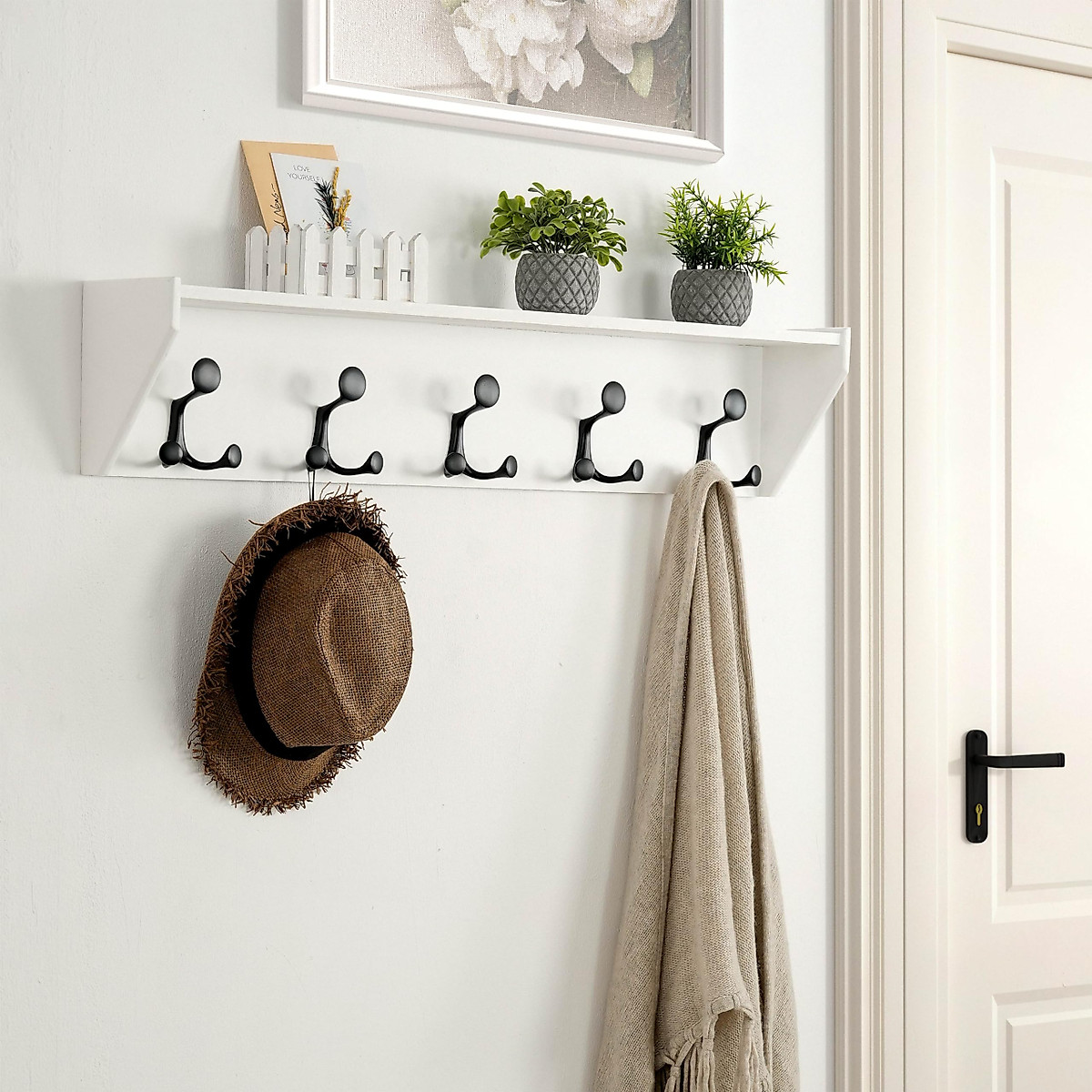 SKOLOO Wall Shelf with Hooks, 35-Inch White Coat Rack Wall Mount with Shelf Organizer - Heavy Duty, 5 Tri Hooks - Perfect for Entryway, Hallway, Living Room, Bedroom, Mudroom