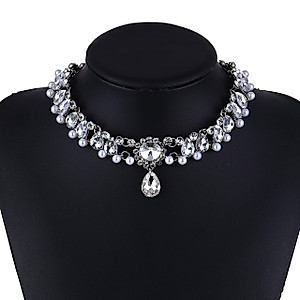 Fashion Womens Pearl Collar Crystal Diamond Chunky Choker Pendant Bib Necklace