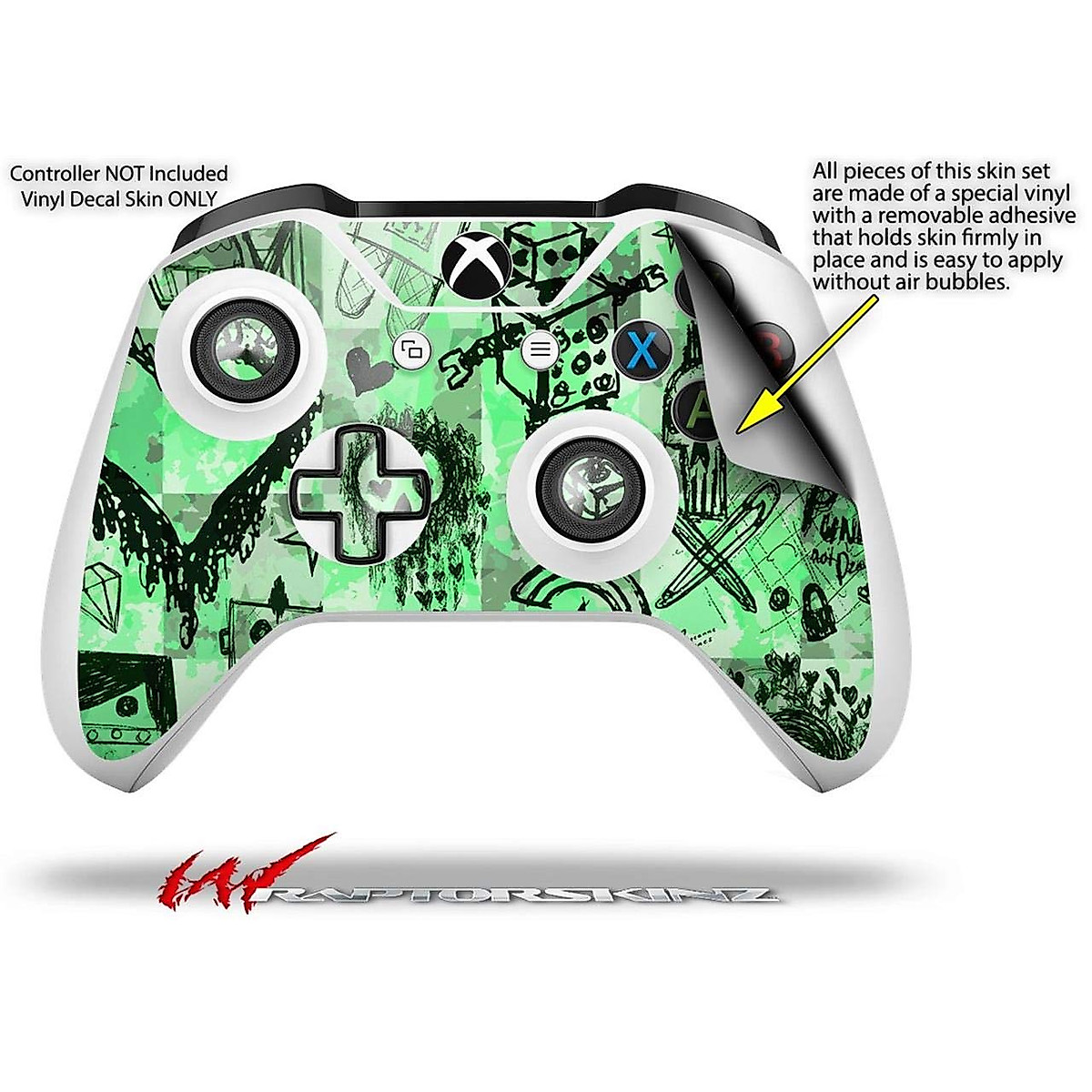 WraptorSkinz Decal Vinyl Skin Wrap compatible with XBOX One S/X Controller - Scene Kid Sketches Green (CONTROLLER NOT INCLUDED)