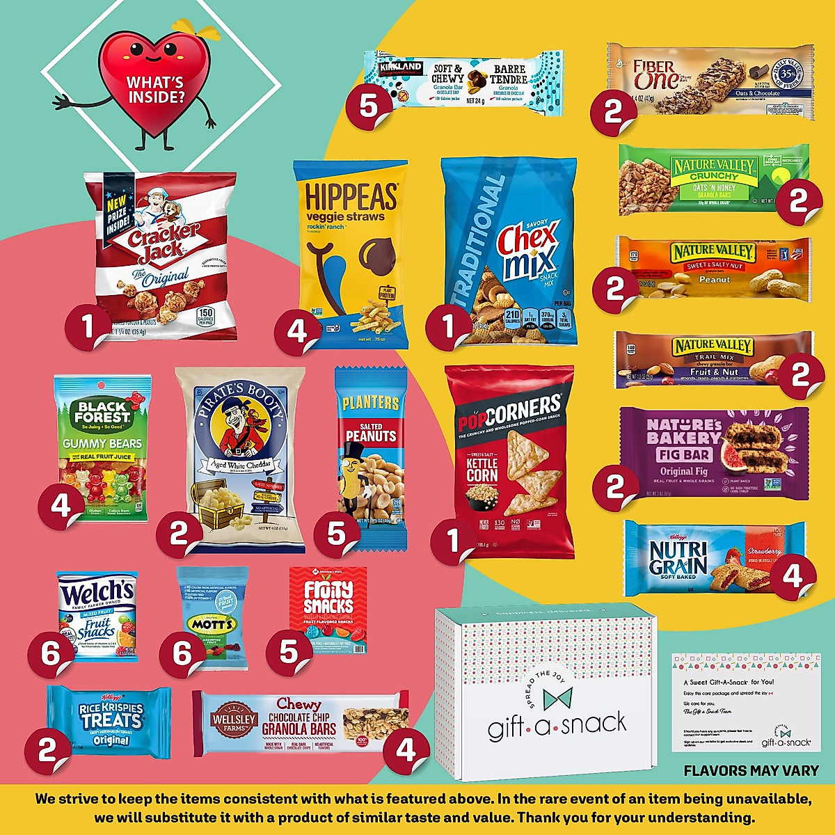 Gift A Snack - Back To School Gifts For Students Healthy Snack Box Care Package + Greeting Card (60 Count) Birthday Treats Gift Basket, Nutritious Granola Breakfast Bars - Food Assortments & Variety