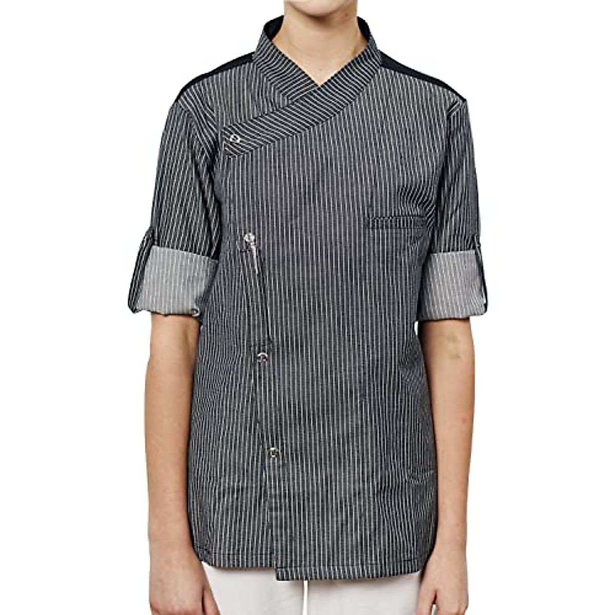 BE THE CHEF Asian Fit Performance 2 Colors Striped Crossover Collar Chef Coat Jacket with Cool Mesh Panels (Black, Medium)