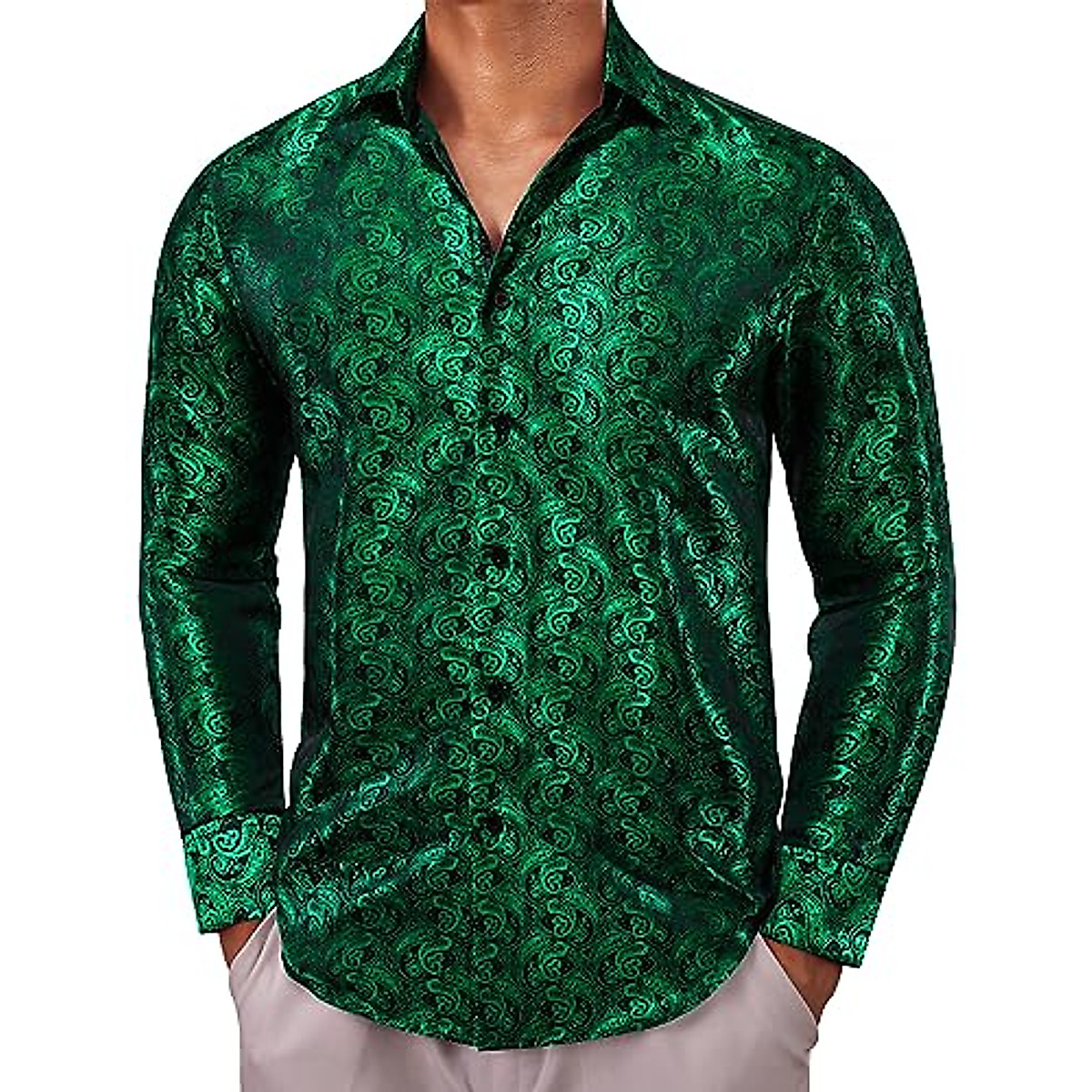 YOHOWA Men's Silk Shirt Paisley Button Down Dress Shirts Regular Fit Long Sleeve Shirt Formal Casual Green