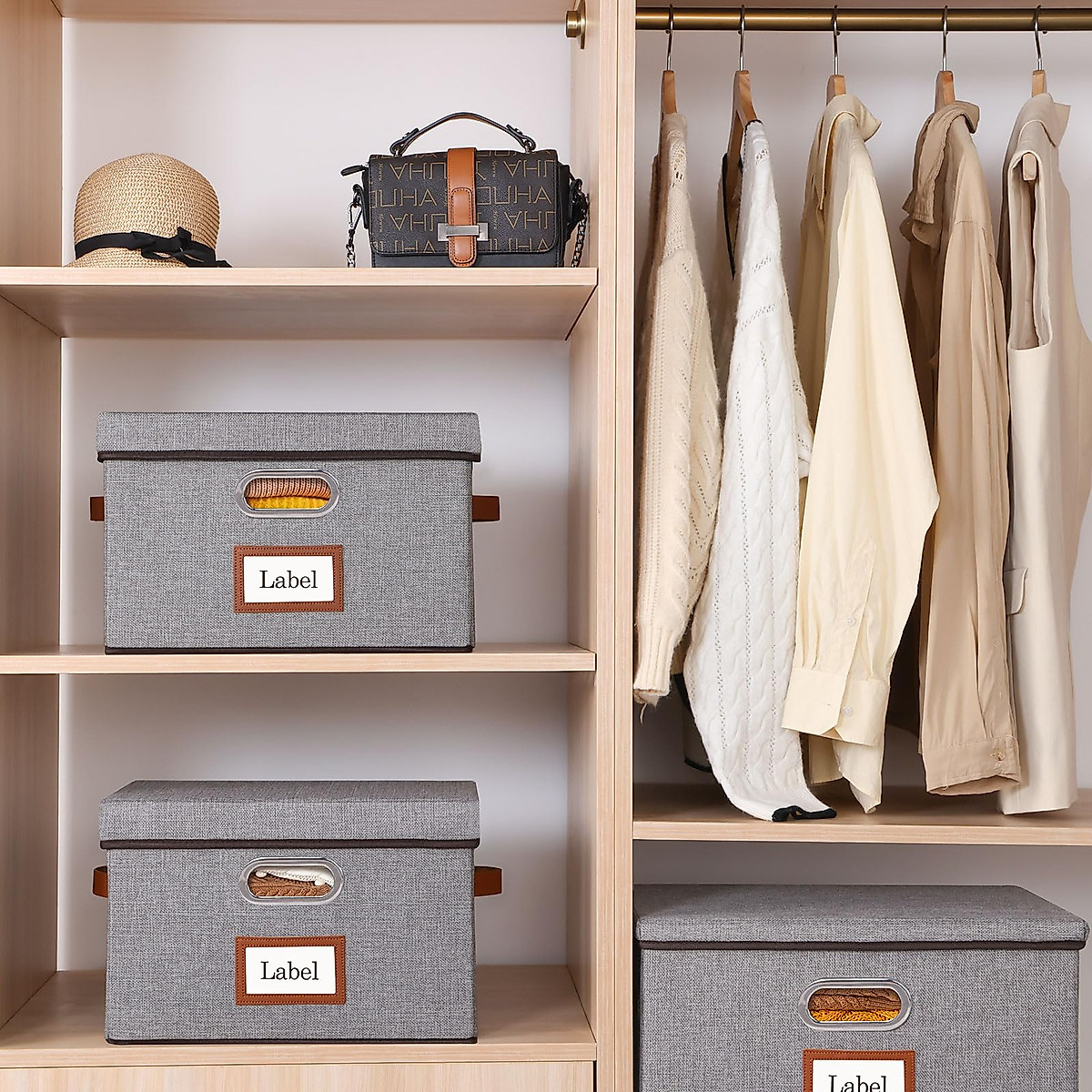 OUTBROS 4-Pack Large Collapsible Storage Bins with Lids, Foldable Fabric Storage Boxes Organizer Containers Baskets Cube with Label Window, for Home Bedroom Office, 13 * 9 * 7.9in Gray