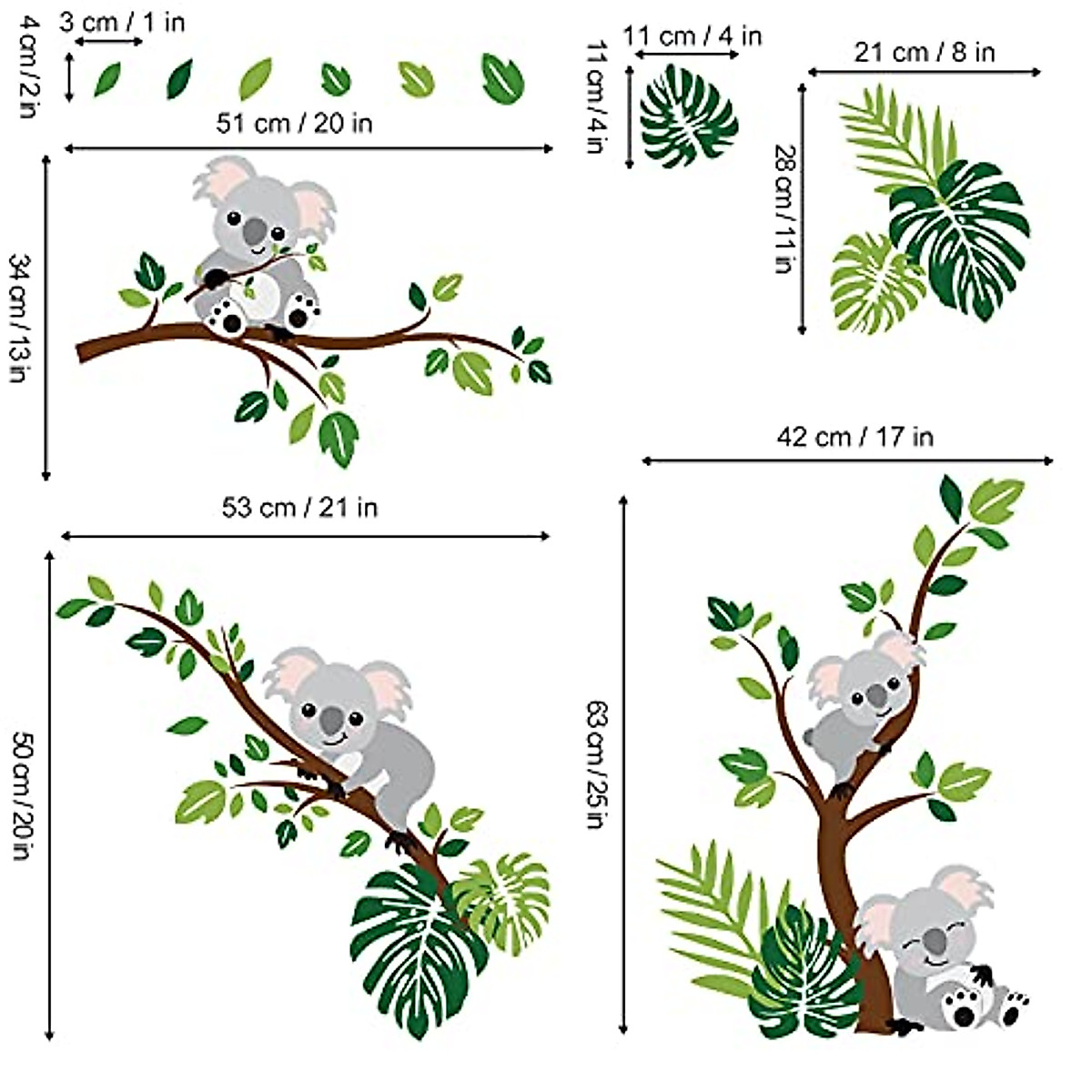 decalmile Koala and Tree Branch Wall Decals Tropical Palm Leaves Wall Stickers Baby Nursery Children Bedroom Wall Decor
