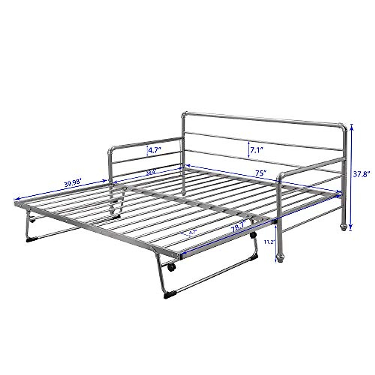 Aoowow Twin Size Metal Daybed with Trundle, Heavy Duty Steel Daybed with Pop Up Trundle Bed,Extendable Daybed Twin to King Size (Silver)