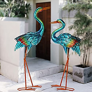 Natelf Garden Crane Statues for Outdoor, Blue Heron Decor Standing Garden Art Sculptures, Metal Large Birds Lawn Ornaments for Patio Pond Yard Lawn Decorations, Set of 2