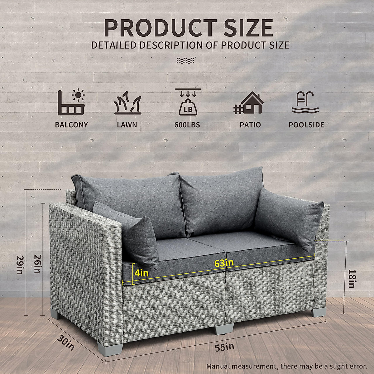 WAROOM Patio Loveseat Outdoor Wicker Small Couch PE Rattan 2-Seater Furniture Sofa, Deep Patio Seating with Grey Cushion