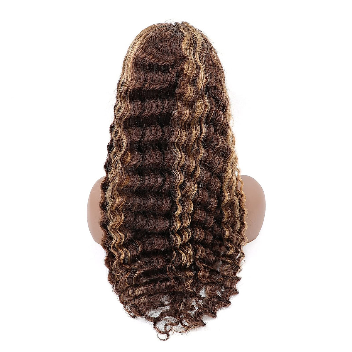 BLY Highlight Human Hair Lace Front Wigs Deep Wave #4/27 Ombre Colored Glueless Wigs Pre Plucked 18 Inch 4x4 Transparent Curly Water Wave Lace Wig Honey Blonde Real Human Hair 180% Density