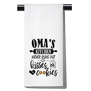 POFULL Oma's Kitchen Decor Oma's Kitchen Never Runs Out of Kisses and Cookies Dish Towel Gift for Grandmother (Oma Towel)