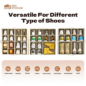 Fabric Shoe Storage Bins for Men Size 14, Shoe Organizer for Closet with Clear Cover and Adjustable Dividers, 16-Slot Shoe Storage Box Fits Up to 16 Pairs, 2Pack, Beige