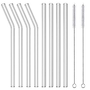 Elyum 8 Pack Reusable Glass Straws, 10'' x 10mm Clear Drinking Straws with 2 Cleaning Brushes Portable Glass Straws for Smoothies Tea Juice Wine (4 Straight + 4 Bent)