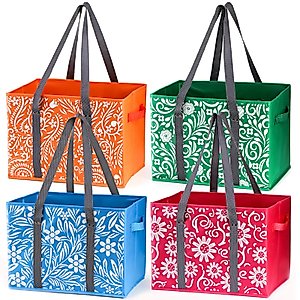 yarlung 4 Pack Reusable Grocery Bags, Collapsible Large Storage Box Bag with Reinforced Bottom and Handle, Heavy Duty Foldable Shopping Tote Bags for Groceries, Clothes, Toys Organizer