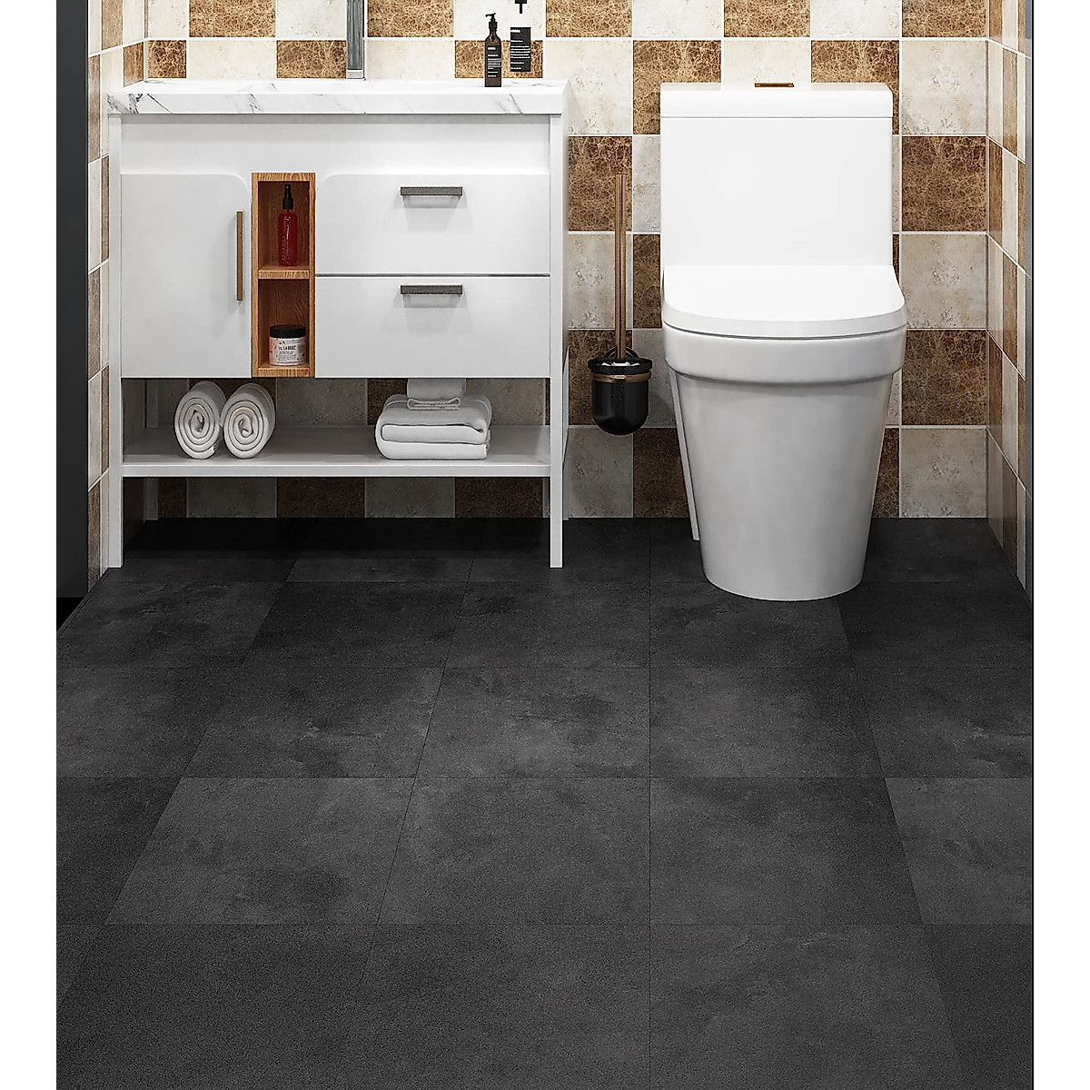 Livelynine Charcoal Peel and Stick Floor Tile Bathroom Flooring Grey Vinyl Flooring Waterproof Laminate Flooring Peel and Stick on Floor Tiles for Kitchen Basement Sticky Covering 12X12 in 4 Sheets