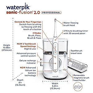 Waterpik Sonic-Fusion 2.0 Professional Flossing Toothbrush, Electric Toothbrush and Water Flosser Combo In One, White