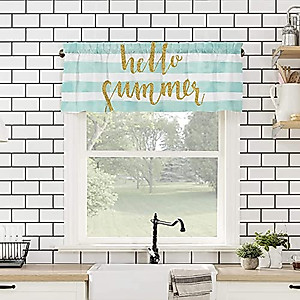 Vograud Valances for Windows, Hello Summer Gold Round Spots on Blue and White Stripes Rod Pocket Kitchen Curtains Valances, Short Window Valances for Living Room Bathroom 42” x 18”