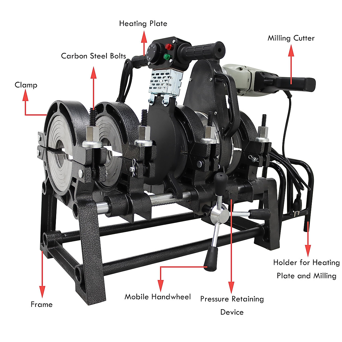 TECHTONGDA Manual Pipe Welder Electric Tube Butt Fusion Machine Pipe Welding Machine Hot Melt Solder for PE PP PB PVDF PPR (2.48"-6.30" four clamps)