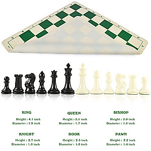 OUMODA 4" King Tournament Chess Set Foldable 20" Silicone Chess Board Mat with 2.2" Squares Green Color Flexible, Weighted Chess Pieces- 2 Extra Queens, Chess Carrying Case for Storage and Travel