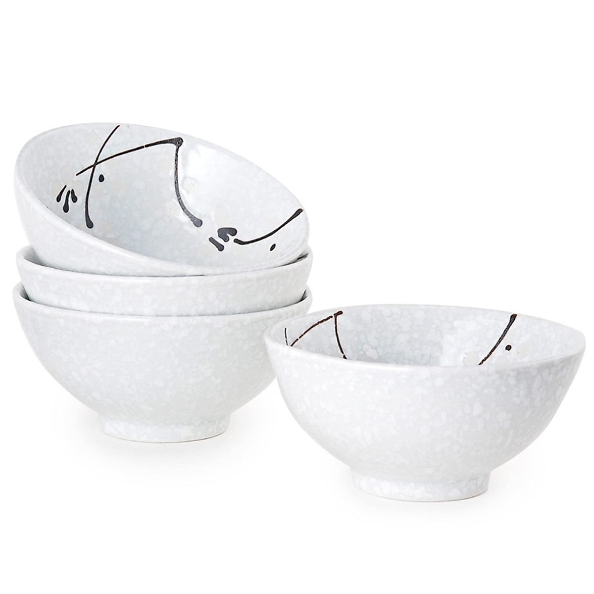 Needzo 4 Piece Small White and Black Ceramic Japanese Bowl Set for Soup, Rice, Salad, Ice Cream, Dessert Kitchen Soy Sauce Dishes, 4 1/2 Inch