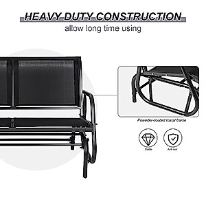 Koreyosh Outdoor Glider Bench 2-Person Rocking Loveseat Chair Patio Swing Rocker w/Powder Coated Frame and Textilene Mesh Seating for Porch Yard Graden, Black