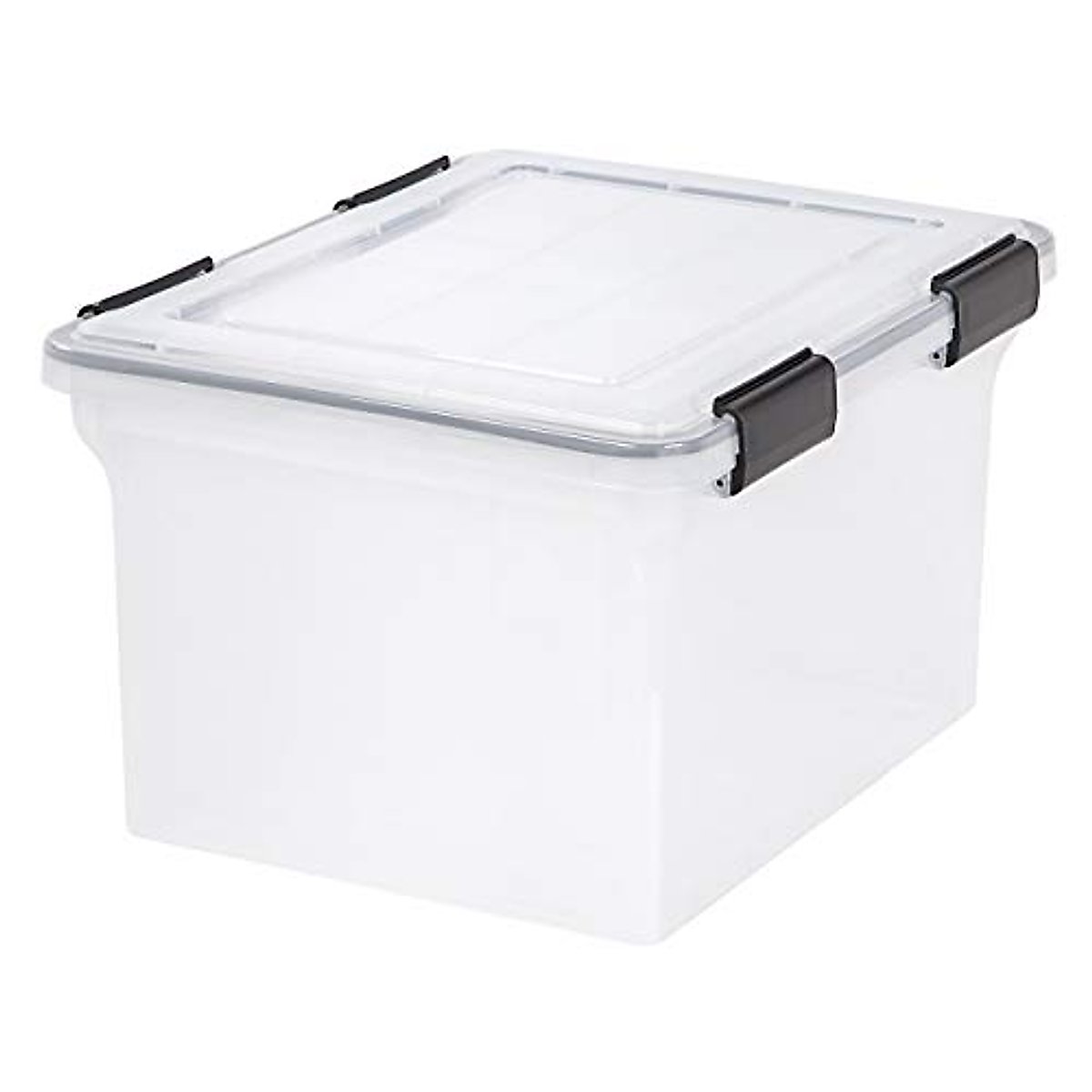 IRIS USA 32 Quart WEATHERPRO Letter Size Portable File Box, Plastic Storage Container with Durable Lid and Seal and Secure Latching Buckles, Weathertight, Clear with Black Buckles, 4 Pack