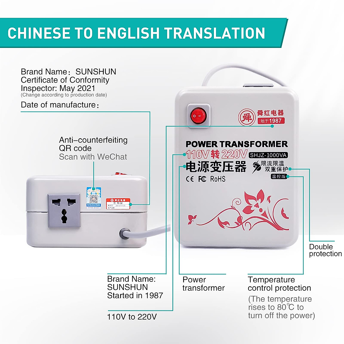（1000W） Voltage Converter from 110V to 220V, high Performance Step-up Transformer to Support appliances Used in Europe, Asian appliances and Other Regions,CE/FCC Certification.
