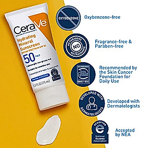 CeraVe 100% Mineral Sunscreen SPF 50 | Face Sunscreen with Zinc Oxide & Titanium Dioxide for Sensitive Skin | With Hyaluronic Acid, Niacinamide, and Ceramides | 2.5 oz