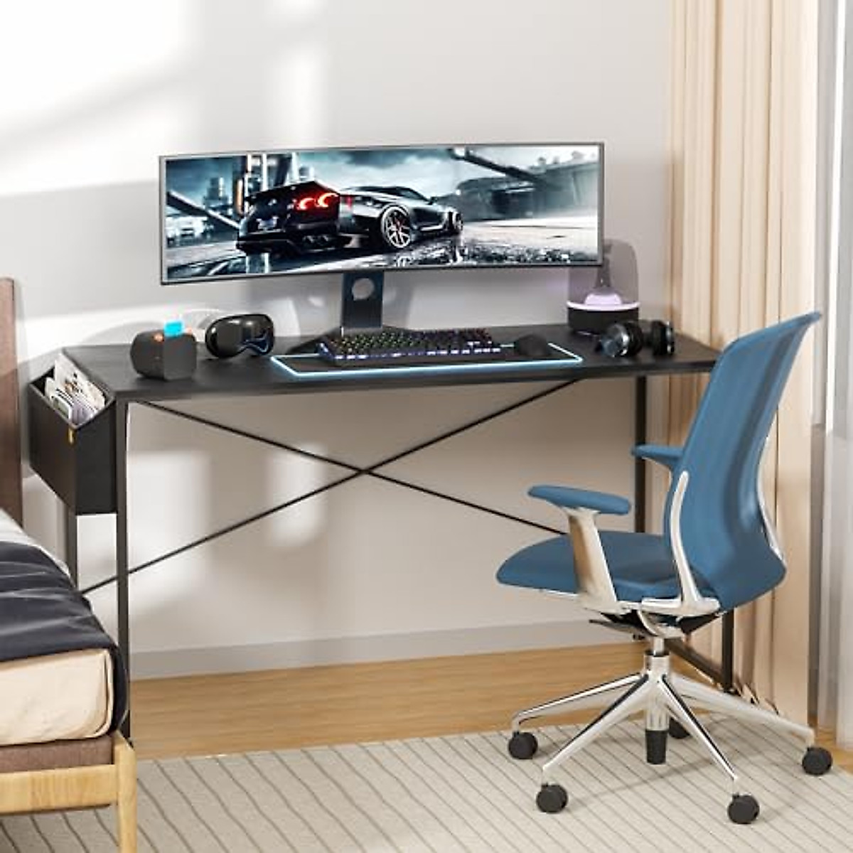 MoNiBloom Computer Desk 55", Simple Style Home Gaming Desk with Storage Bag, Office Writing Workstation- Black