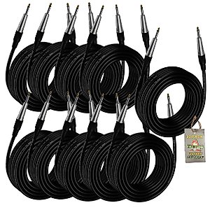 Guitar Cables (10 Pack) Instrument Cord by FAT TOAD | 24 AWG Patch Conductor for Electric Guitar, Bass, Amplifier, Speaker, Keyboard & Recording Studio | Shielded 20FT 1/4 Inch Gold Straight-End Wires