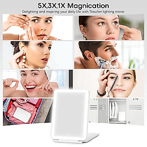 Tkaufen Travel Size Magnifying Lighting Mirror, 21Hours Battery Life, 5X/3X/1X Compact Hand Held Portable Foldable Makeup Cosmetic Mirror, Valentine's Day (White, 2 Fold)