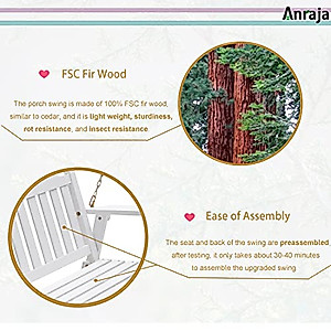 Anraja Wooden Porch Swing 2-Seater, Bench Swing with Hanging Chains, Heavy Duty 800 LBS, for Outdoor Patio Garden Yard,4 Ft,White