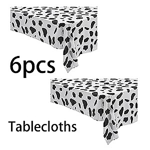 6 Pack Disposable Black and White Cow Print Plastic Tablecloth, 108 Inch x 54 Inch Ractangle Tablecover, for Party, Dance and Picnic (Black and White Cow Print)