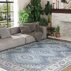 Belffin Boho Area Rugs 4x6 Washable Living Room Moroccan Rug, Thin Towelling Area Rugs, Soft No-Slip Foldable Indoor Carpet for Bedroom, Dining Room, Kitchen, Blue