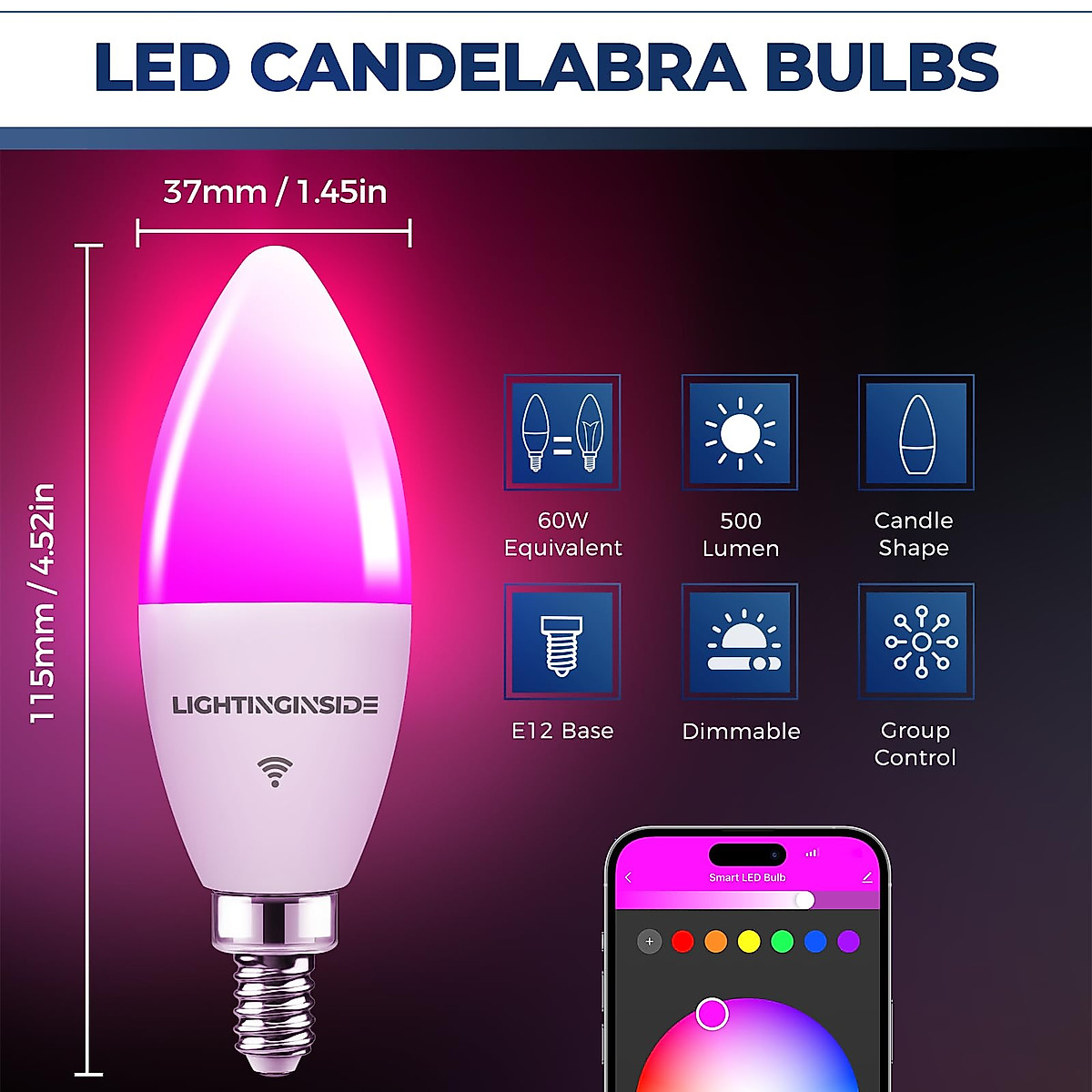 Lightinginside E12 Smart Bulb 60W Equivalent, 500LM 6W WiFi Candelabra LED Light Bulb Compatible with Alexa/Google Home, No Hub Required, RGBCW Chandelier Candle Bulb, 2.4G WiFi Only, ETL Listed, 3PCS