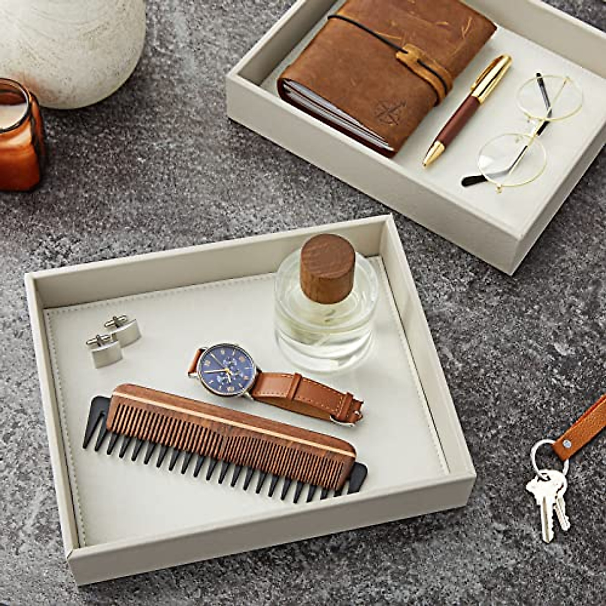 Juvale 2 Pack Faux Leather Valet Tray for Men, Velvet Catchall Organizer for Entryway, Nightstand, Keys, Wallet (Cream, 10 x 8 x 2 In)